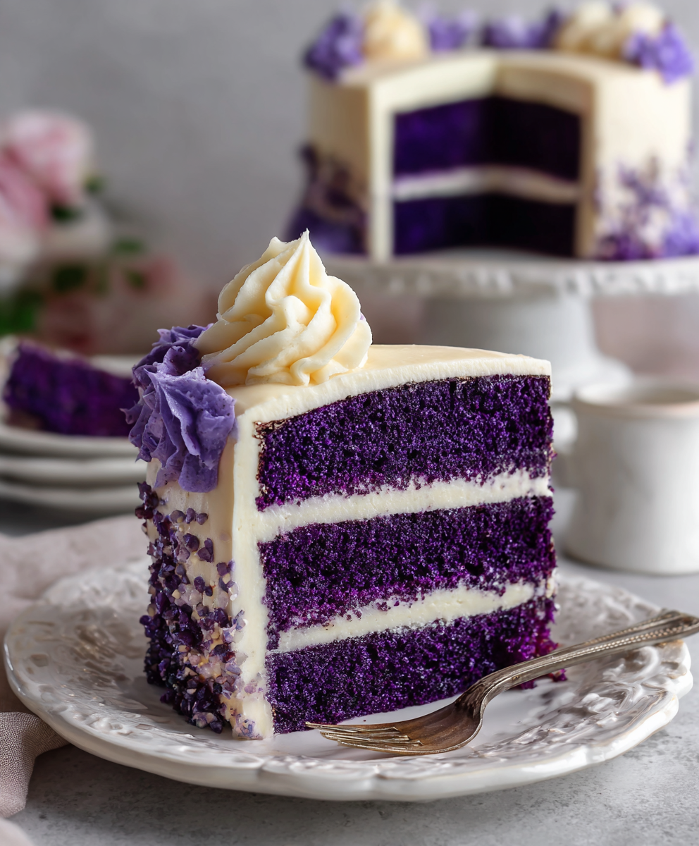 Royal Purple Velvet Cake with Creamy Vanilla Frosting