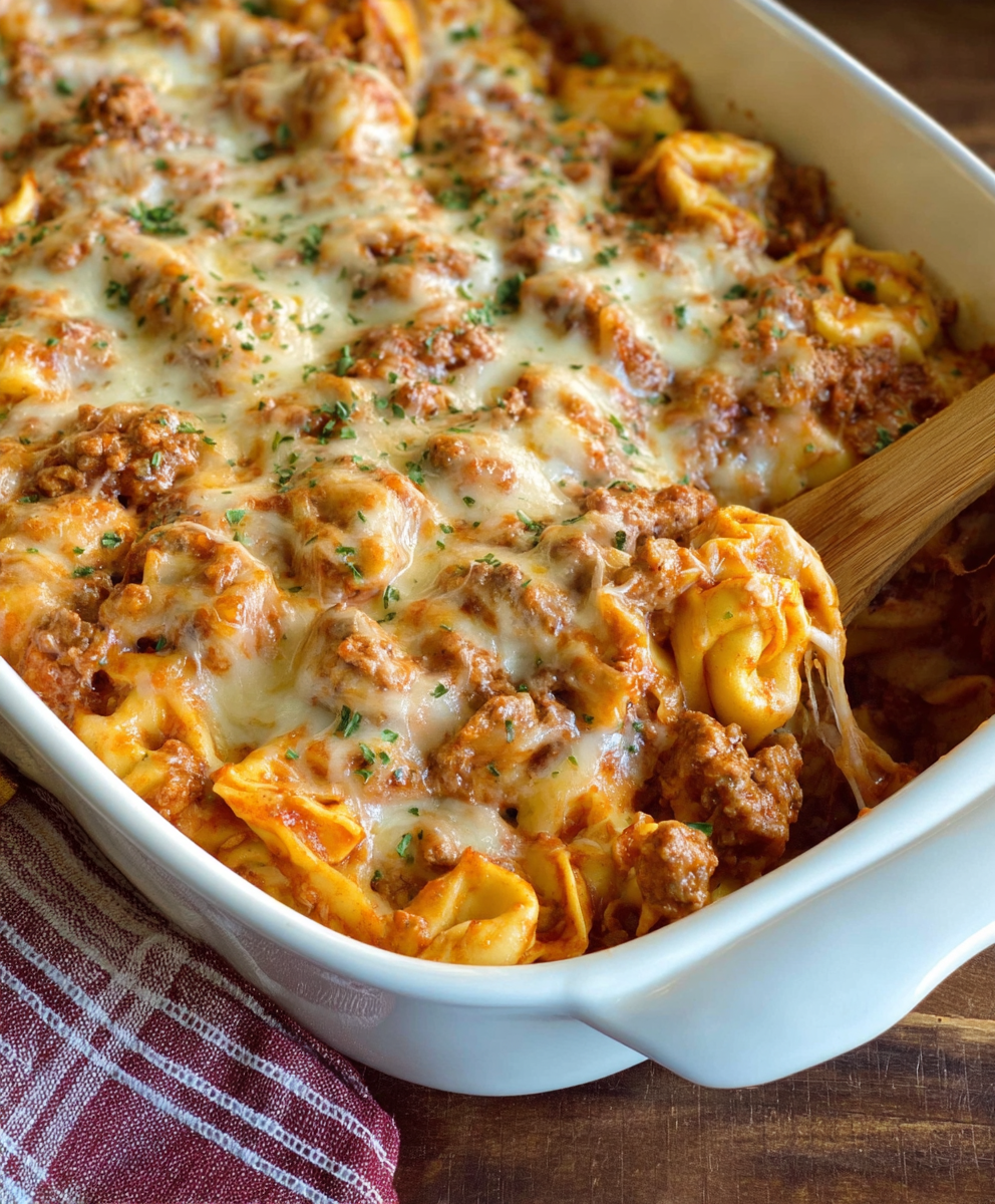 Cheesy Baked Tortellini Casserole With Meat Sauce