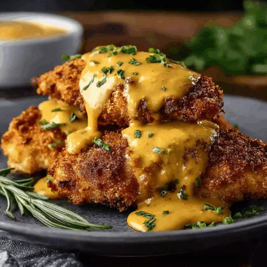 Pretzel Chicken with Mustard-Cheddar Sauce