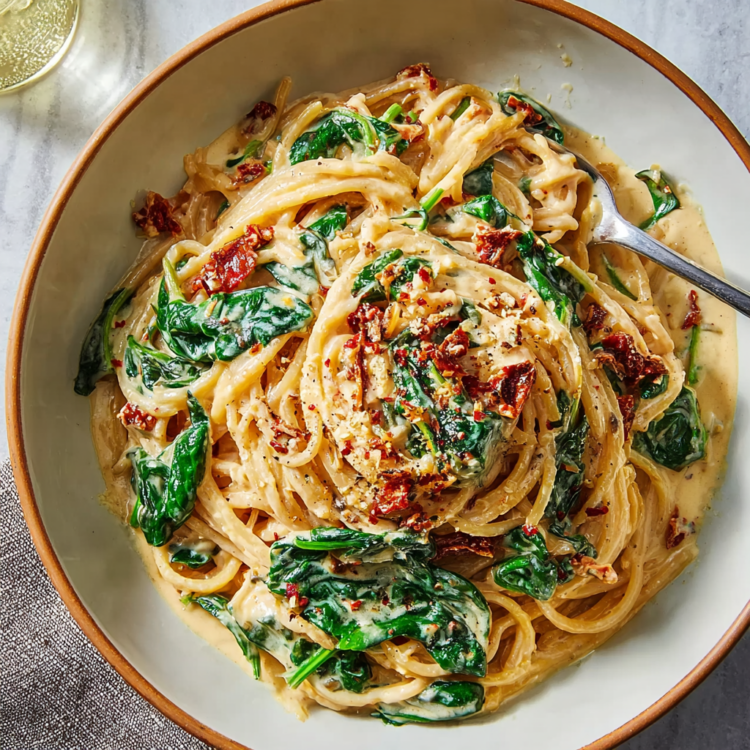 Spaghetti & Spinach with Sun-Dried Tomato Cream Sauce